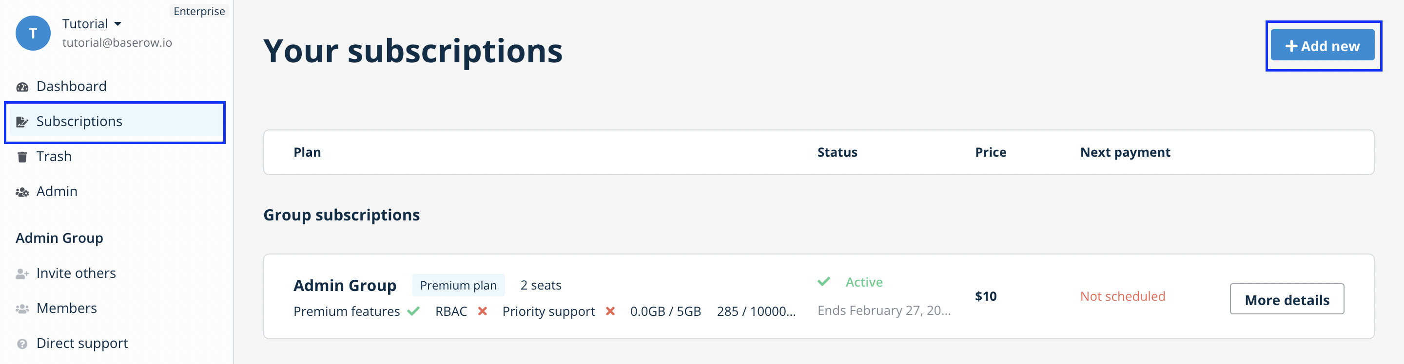 Subscriptions Overview Baserow
